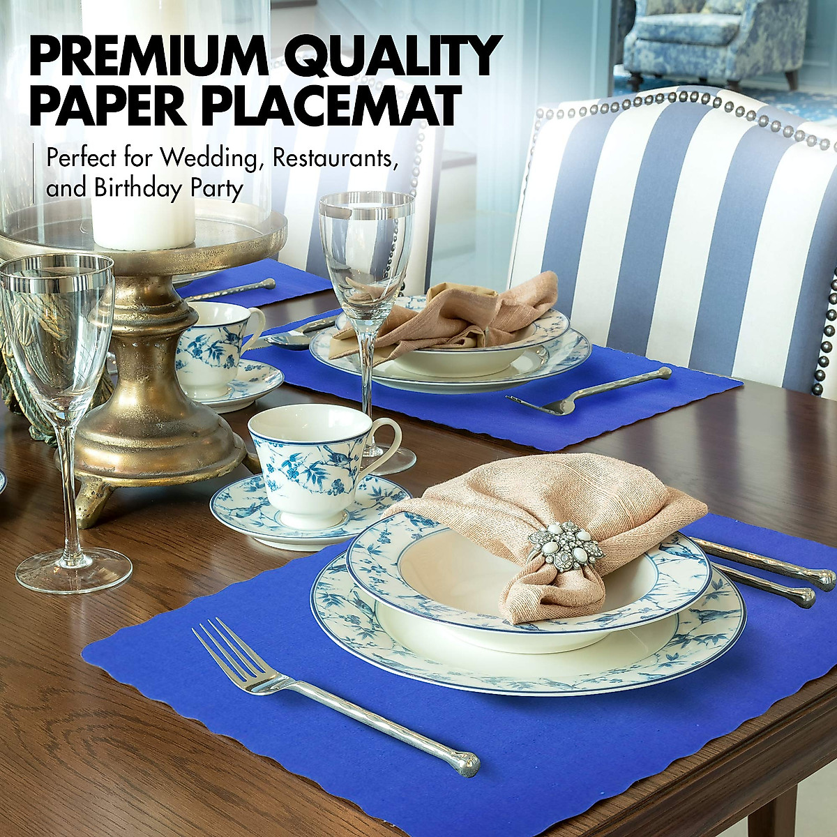 Fit Meal Prep 200 Pack Disposable Paper Placemats, 14 x 10 Inch Blue with Decorative Wavy Scalloped Edge for Restaurant Catering Dining Table, Baby Kids Birthday Parties