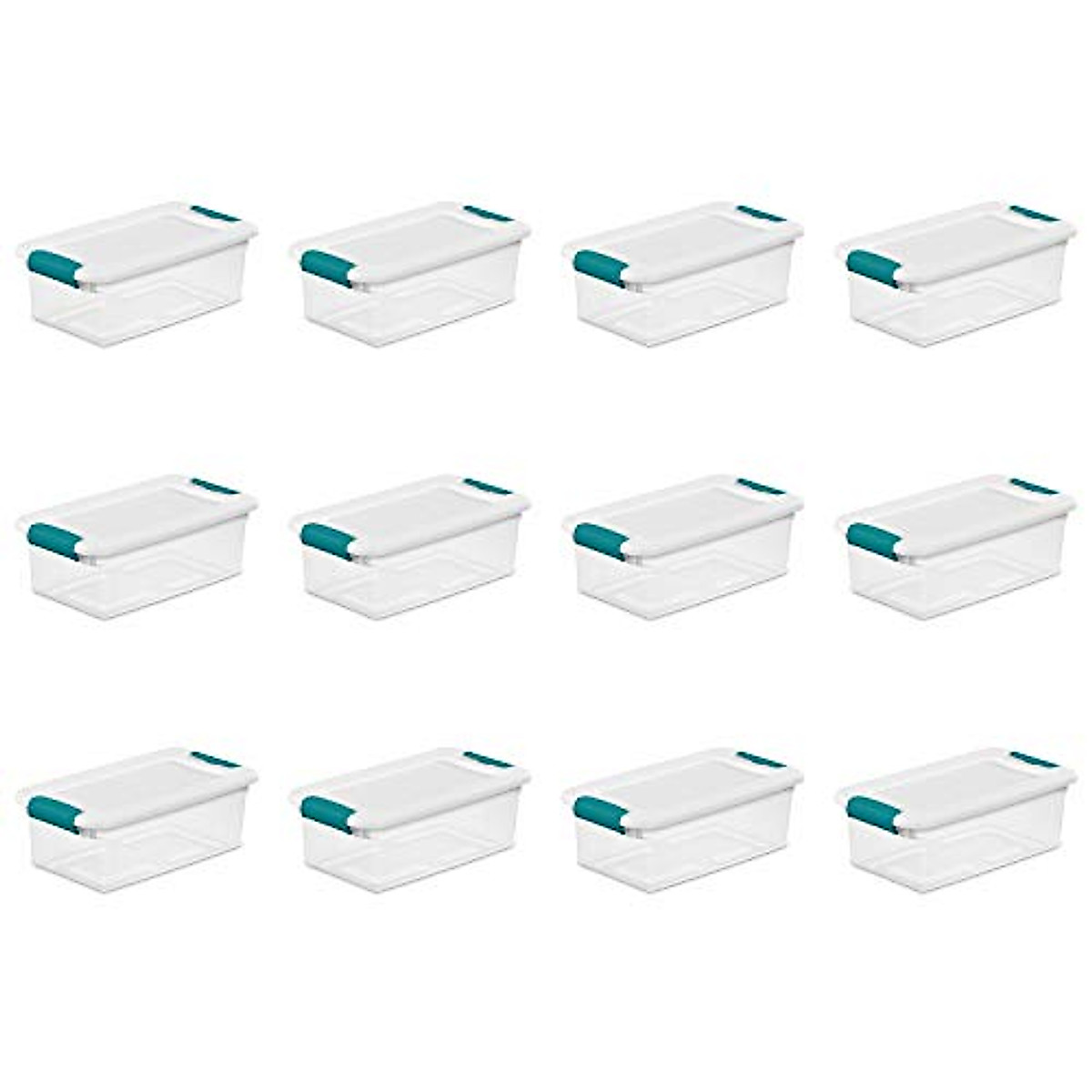 Sterilite 6 Qt Latching Storage Box, Stackable Bin with Latch Lid, Plastic Container to Organize Shoes on Closet Shelf, Clear with White Lid, 12-Pack