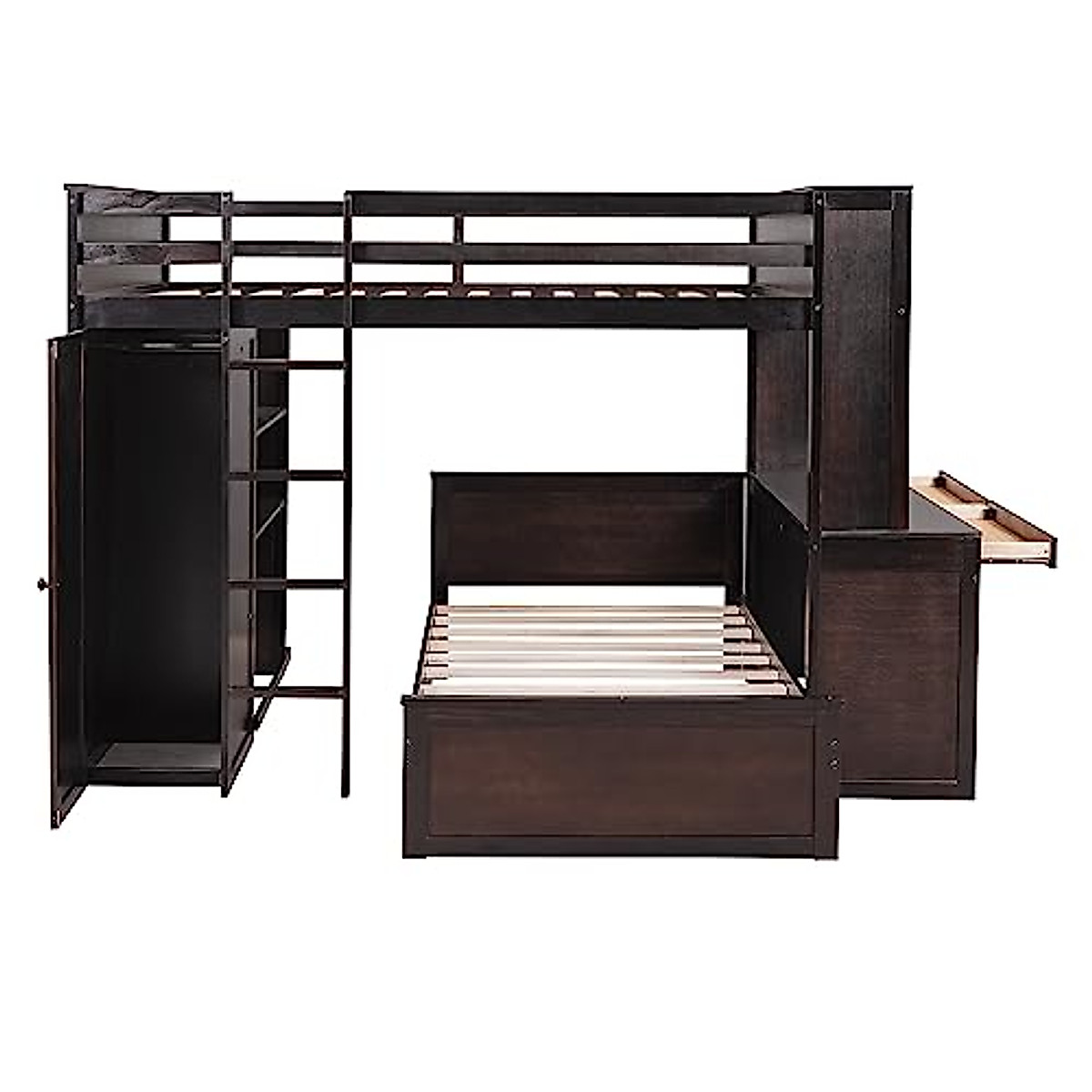 SOFTSEA Full Over Twin Bunk Bed with Desk, Full Size Loft Bed with Wardrobe and Storage, Wood Loft Bed with Stand-Alone Bed for Kids Teens (Espresso)