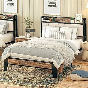 LIKIMIO Twin Bed Frames, Storage Headboard with Charging Station, Solid and Stable, Noise Free, No Box Spring Needed, Easy Assembly (Walnut and Beige)