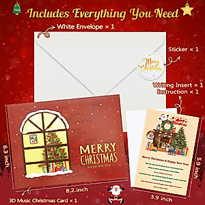 FITMITE Christmas Card Pop Up with Light and Music 3D Santa Fireplace Merry Christmas Greeting Card with Envelope for Kids Girls Women Man Christmas Gift