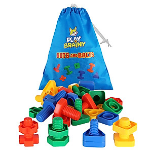 Play Brainy Jumbo Toy Nuts and Bolts for Kids - 32-Piece Montessori Nuts and Bolts Set with 4 Different Shapes and Colors - Occupational Therapy Toys for Kids, Fine Motor Skills Toys for Toddlers