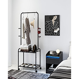 Hzuaneri Clothes Rack, Garment Rack with 2-Tier Storage Shelf, 2-In-1 Design, Clothing Rack with 4 Wheels, Metal Frame Shoe Rack, Coat Rack with 4 Hooks for Bags, 220 lb Max, Black GR07660B