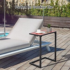 Tangkula C-Shaped Outdoor Side Table, Patio Snack Table w/Ceramic Top & Anti-Rust Metal Frame, Small End Table for Couch, Sofa & Bed, Outdoor & Indoor Accent Table for Living Room, Poolside, Balcony