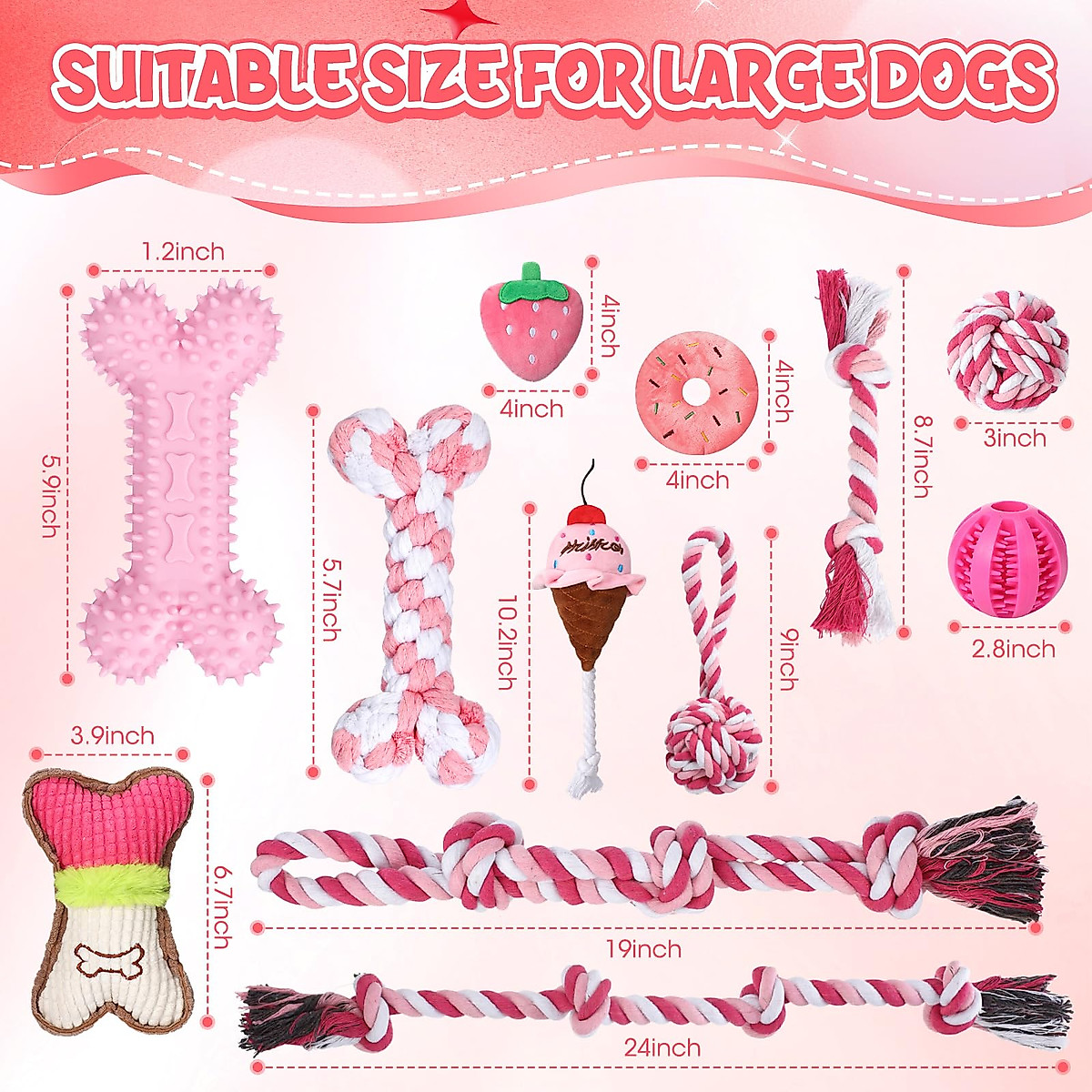 Vinsot 12 Pack Large Dog Chew Toys for Aggressive Chewers Pink Large Dog Teething Toys with Dental Rope Toys, Squeaky Toys, Treat Balls and Chew Bone for Medium, Large X-Large Breeds Dogs