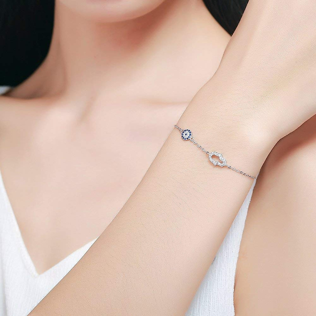 Kaletine Hamsa Hand of Fatima Evil Eye Bracelet Sterling Silver 925 Blue Cubic Zirconia Chain 6.5"+1.5"(Rhodium)