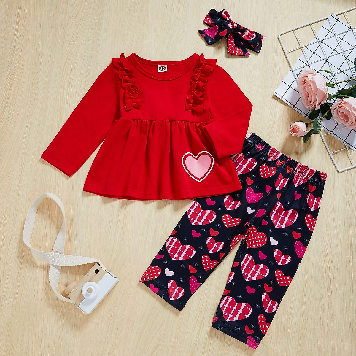 Sinhoon Valentine's Day Outfits Baby Kids Girl Long Sleeve Dress Heart Print Pants with Headband 3Pcs Clothes (Red-B, 2-3T)