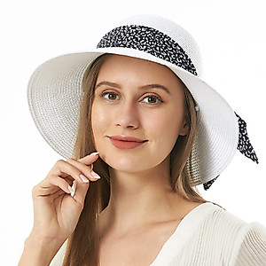 Womens Straw Sun Hat Summer Beach Wide Brim UV Protection Hats with Chin Strap Leopard White Floppy Foldable Packable Ladies Fashion Cute Bowknot Travel UPF 50 Cap for Girls