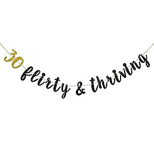 INNORU 30 Flirty & Thriving Banner, Happy 30th Birthday Party Decorations, 30th Anniversary Banner, Cheers to 30 Years Party Decoration Black Glitter