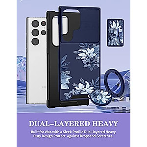 Goocrux (2in1 for Samsung Galaxy S23 Ultra Case Floral for Women Girls Flowers Girly Phone Cover Cute Flower Design with Slide Camera Cover+Ring Holder Blue Plants Cases for S23 Ultra 5G 2023 6.8''