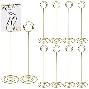 KIMOBER 10PCS 8.75" Tall Table Number Holders, Round Place Card Holder,Tabletop Memo Note Stand Picture Photo Picks Card Clips for Wedding Birthday Party(Gold)