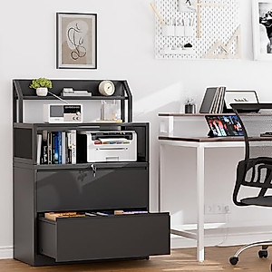 Rophefx File Cabinet with Shelves, 2 Drawers Lateral File Cabinet, Printer Stand with Open Storage Shelf, Metal File Cabinet with Lock, Black