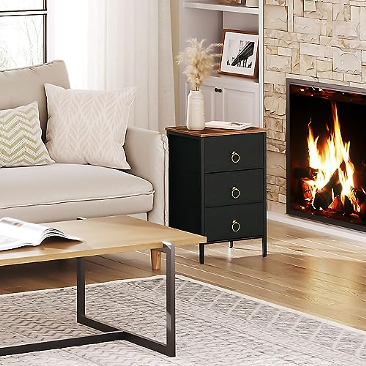 HOOBRO Nightstand, 3-Drawer End Table, Side Table with Fabric Drawers, Sofa Side Table, Metal Frame, Large Storage, for Bedroom, Study, Office, Large Storage, Rustic Brown and Black BF59BZ01