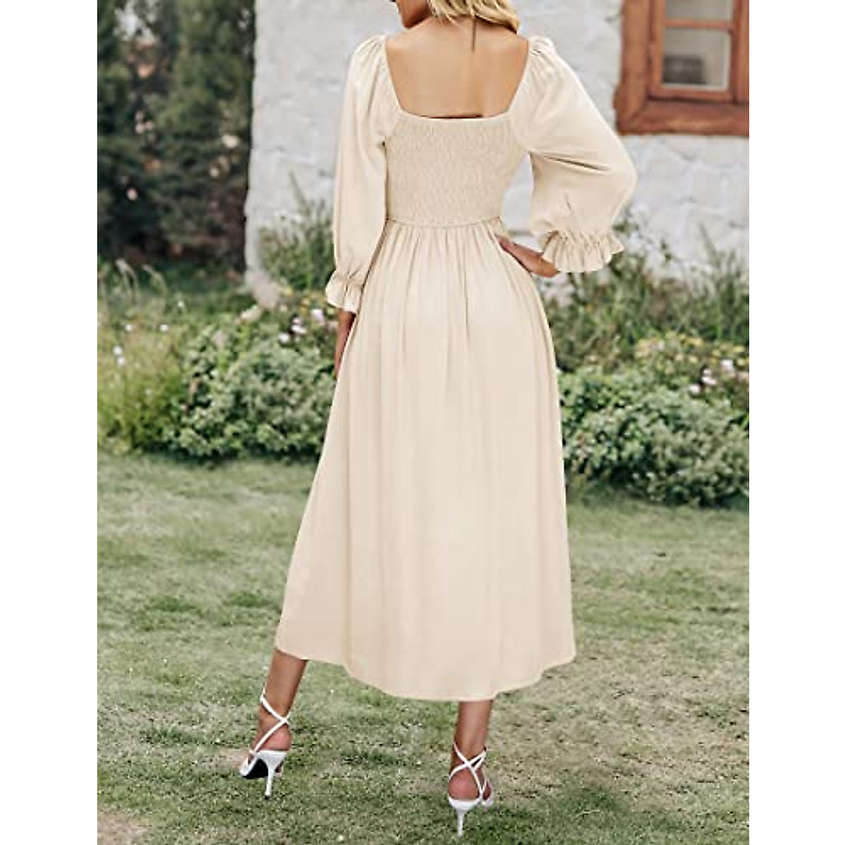 ZESICA Women's Casual Square Neck 3/4 Puff Sleeve Solid Color Smocked High Waist Flowy Midi Dress,Beige,Small