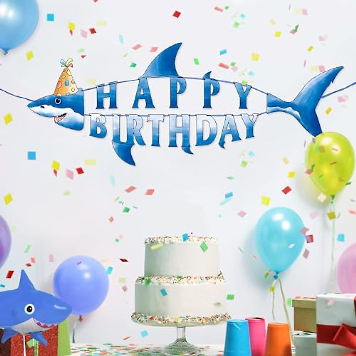 WERNNSAI Shark Happy Birthday Banner - Shark Party Decorations for Kids Boys Pre-strung Shark Birthday Banner Ocean Theme Party Supplies Beach Under The Sea Theme Party Hanging Wall Decor