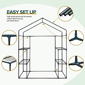 EAGLE PEAK 61'' x 28'' x 79'' Walk-in Greenhouse, 2 Tier 4 Shelves Portable Plant Gardening Greenhouse, Front Roll-Up Zipper Entry Door and 2 Roll-Up Side Windows, Green