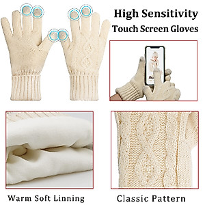 Winter Hat Gloves Scarf Set Women, Beanie with Pom Touchscreen Gloves Warm Knit Long Scarf 3 in 1 Set Gift for Women