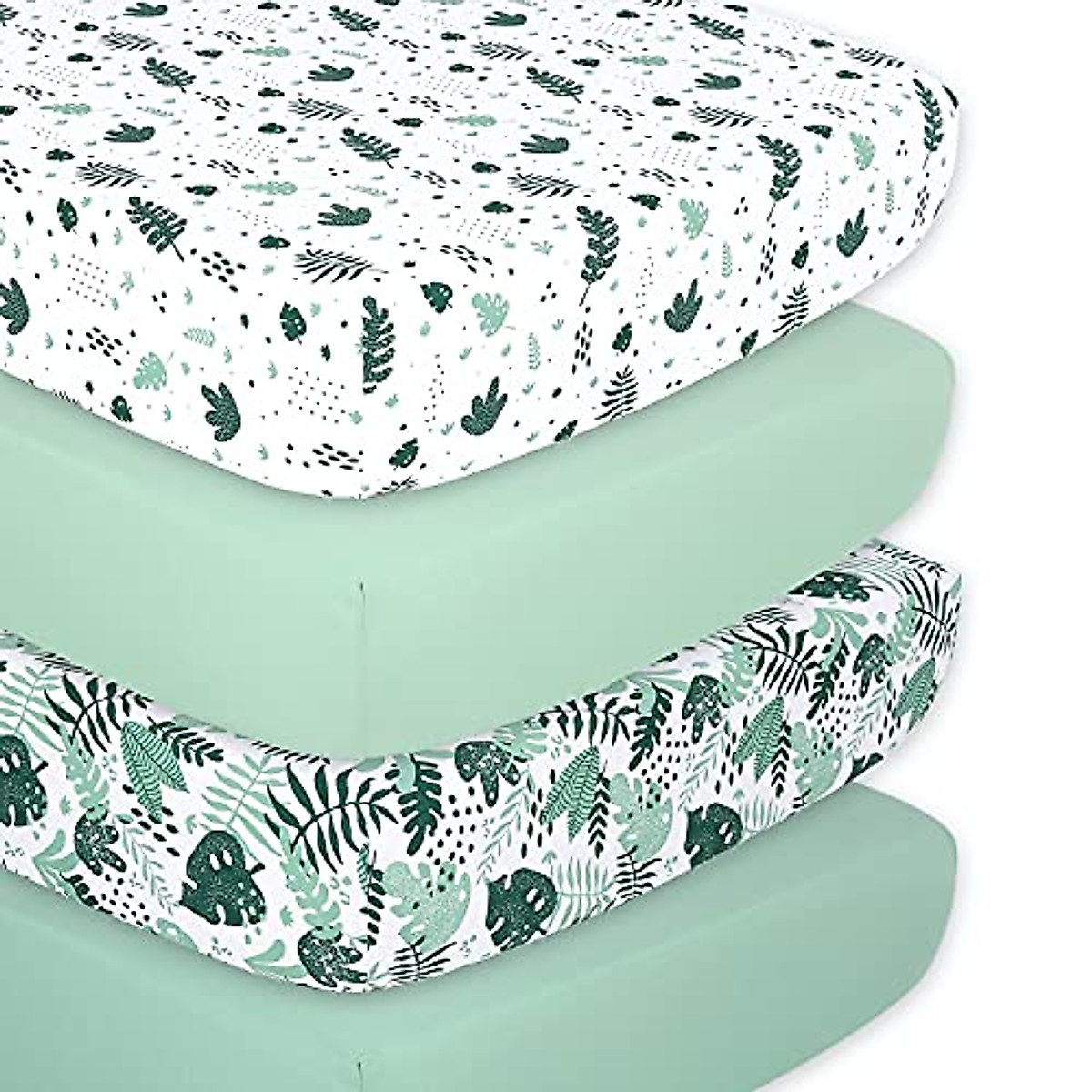 The Peanutshell Botanical Fitted Crib Sheet Set for Baby Boys or Girls, Unisex 4 Pack, Botanical Leaf & Pastel Green