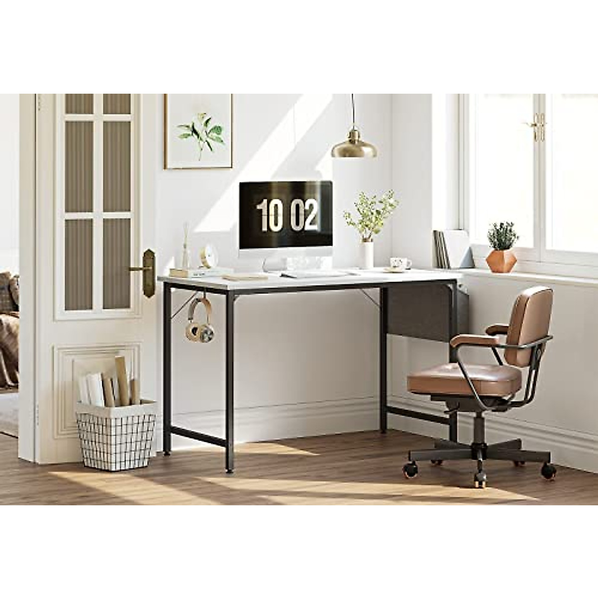 CubiCubi Computer Desk 63" Study Writing Table for Home Office, Modern Simple Style PC Desk, Black Metal Frame, White
