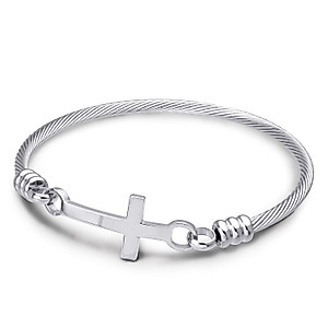 555Jewelry Stainless Steel Metal Cross Religious Religion Sacred Christian Catholic Holy Blessing Bracelet Fashion Fine Jewelry Accessory Bangle Bracelet, Silver Size 60mm