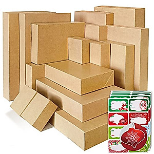 16 Kraft Gift Wrap Boxes with Lids for wrapping Large Clothes and 80 Count Foil Christmas Tag Stickers (Assorted size for wrapping Robes,Sweater, Coat Shirts and Clothes xmas Holiday Present)