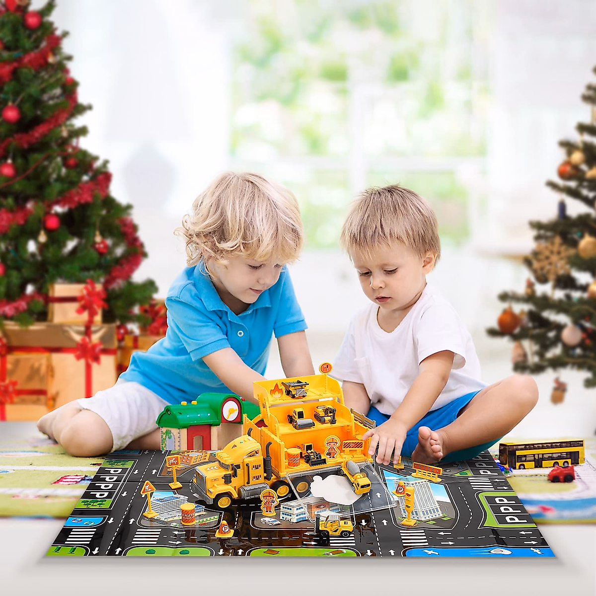 22 in 1 Construction Trucks Push and Go Car Carrier Truck Toy with Mini Alloy Diecast Trucks, Play Vehicles Set with Sounds and Lights, Gifts for Boys Toddler Kids