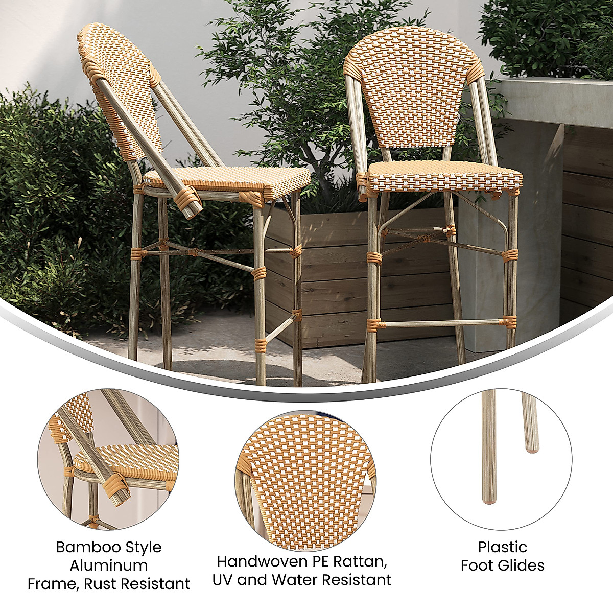 Flash Furniture Lourdes Commercial Grade Bistro Barstool, Stackable Indoor/Outdoor Dining Stool, 30"High, Natural/White & Light Natural Finish, Set of 2