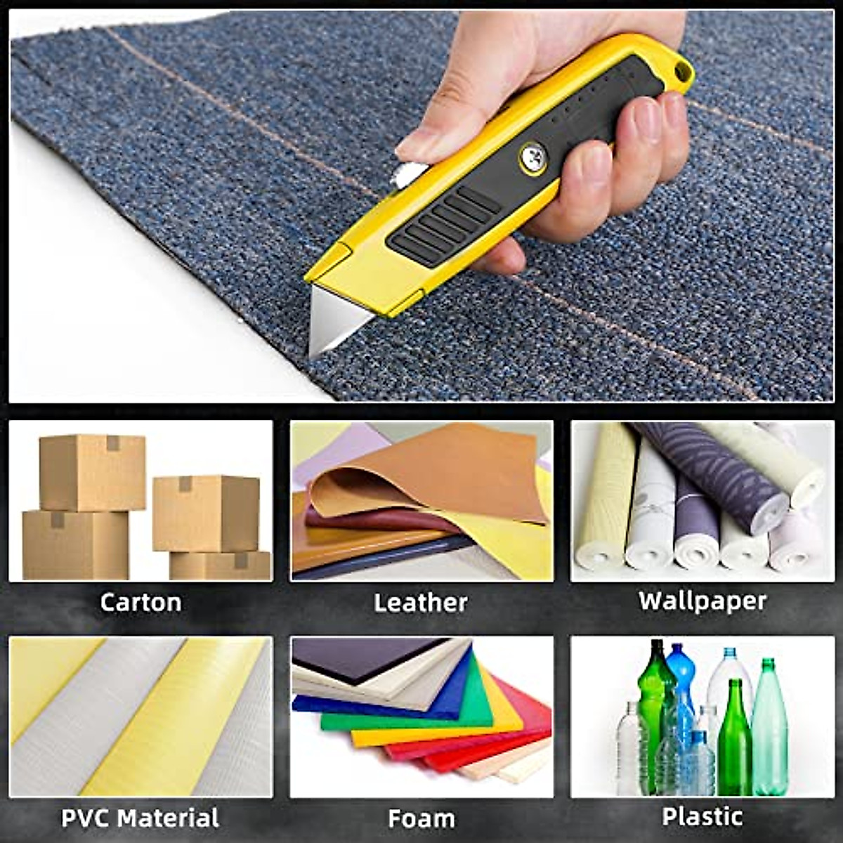 DIYSELF 2 Pack Box Cutter Retractable Set, Retractable Utility Knife with 50 Pack Utility Knife Blades, SK5 Steel Box Cutter Blades, Heavy Duty Utility Knife for Carton, Cardboard and Box (Yellow)