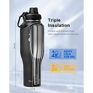 Trebo 40oz Insulated Water Bottle that Fits in Cup Holder, Stainless Steel Bottles Tumbler Double Wall Metal with Straw Spout Lids,Travel Flask with Paracord Handle, Sweat Proof Keep Cold &Hot,Black