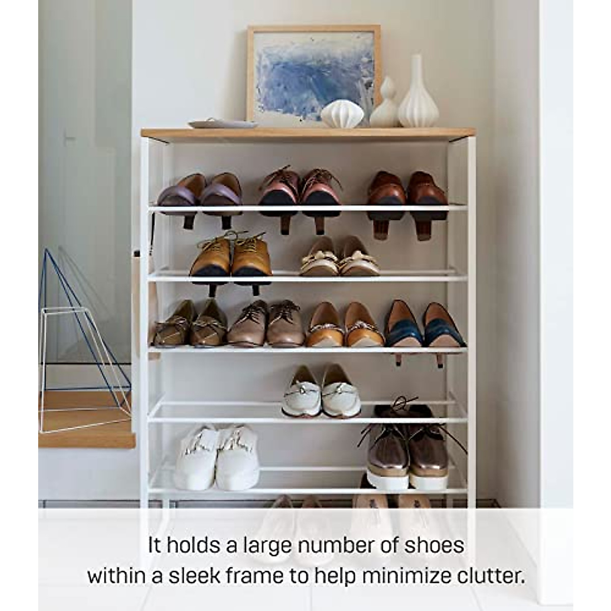 Yamazaki Home 6 Tier Wood Top Steel | Shoe Rack, One Size, White