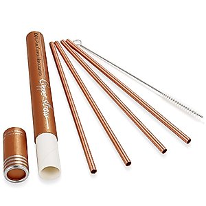 Copper Drinking Straws Gift Set- 8.5 inch Long Authentic Handcrafts Copper Straws with Cleaning Brush for Moscow Mule Mug (Set of 4)