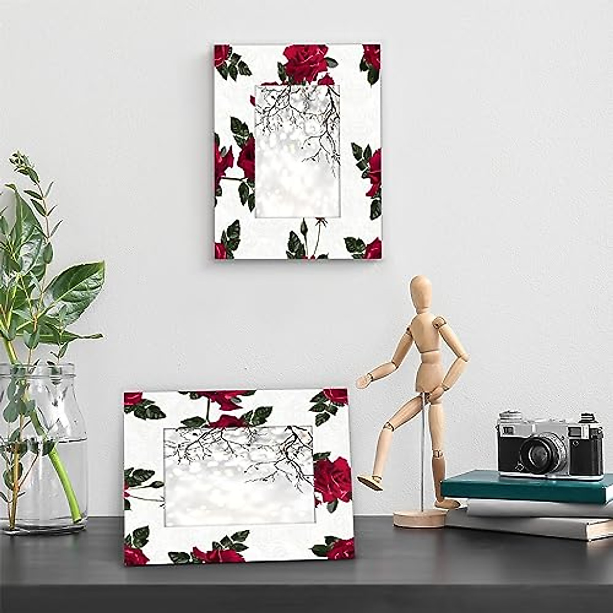 POFATO Red Rose Art Pattern 5x7 Picture Frame Wood Photo Frame for Tabletop Display Wall Mount Picture Frame Display 5 x 7 Inch Photo Wall Decor Home Gift Frames
