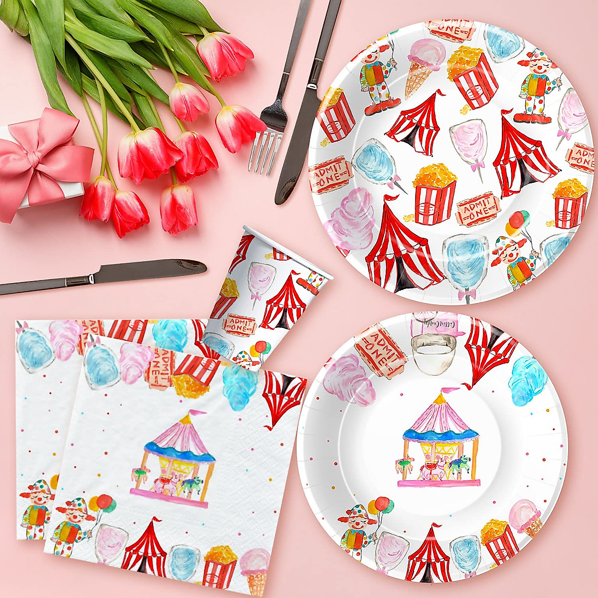 HIPVVILD Circus Theme Party Decorations Tableware, Carnival Party Supplies, Plate, Cup, Napkin, Tablecloth, Cutlery, Straw, Circus Carnival Theme Party Decorations For Birthday Baby Shower | Serve 24