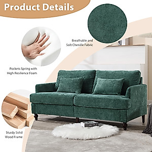 RXRRXY 69” Modern Chenille Loveseat Sofa Couch, Upholstered 2 Seat Love Seat Couch, Deep Seat Small Couch with 2 Pillows and Sturdy Wood Legs for Living Room, Bedroom, Apartment (Emerald)