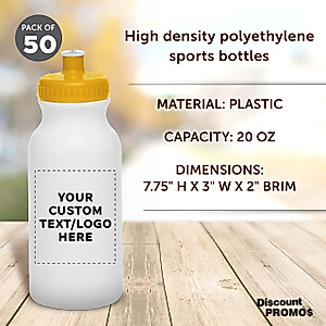 DISCOUNT PROMOS Custom White Water Bottles with Push Cap -50 pack, Customizable Text, Logo, 20 oz, Reusable BPA FREE Squeezable Bottles in Bulk - White Yellow