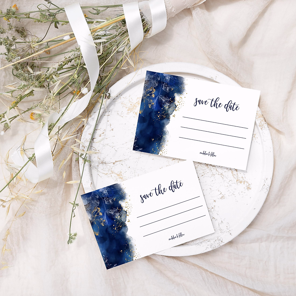 Paper Clever Party Blue Save the Date with Envelopes, All Occasion Cards for Wedding Invitations, Birthday, Graduation, Watercolor Gold Floral, 3.5x5, 25 Pack