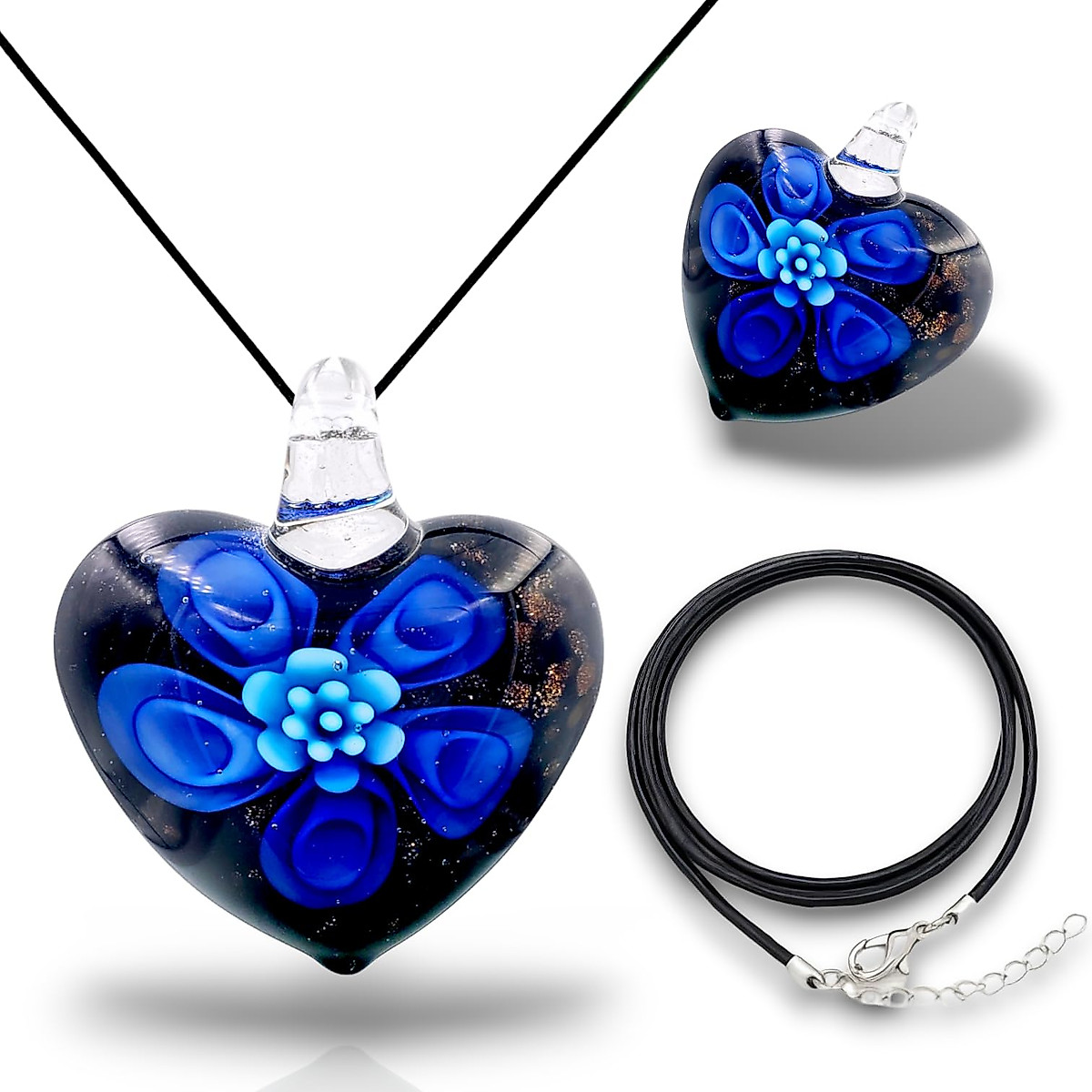 BESHEEK Handmade Murano Inspired Blown Glass Lampwork Art Flower and Heart Necklace Pendant for Women Handcrafted Artisan Hypoallergenic Italian Style Jewelry (Heart Flower Royal and Aqua Blue Glass)