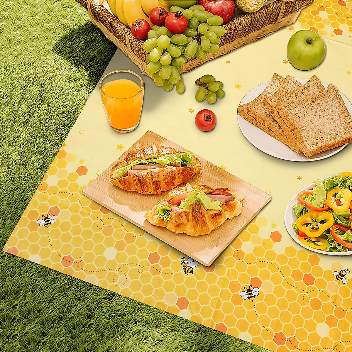 2 Pcs Bee Tablecloth Bumblebee Plastic Table Covers 87 x 51 Inches Disposable Party Tablecovers for Bumblebee Theme Baby Shower Birthday Party Decoration