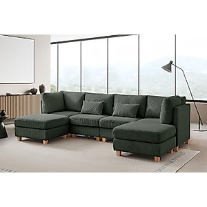 MYINDA U Shaped Sectional Couches for Living Room, 110 Inch Modular Sectional Sofa with Movable Ottoman, Corduroy Oversized Living Room Furniture Sets (Dark Green)