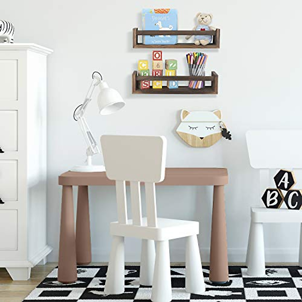 Wallniture Utah Wall Mount Kids Bookshelf Nursery Decor Floating Wall Shelf Photo Display Multiuse Toy Storage Organizer Burnt Wash Brown Set of 2