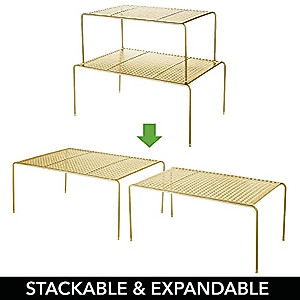 mDesign Adjustable Raised Metal 4-Piece Kitchen Stacking Organizer, Expanding Storage Rack - Cupboard, Pantry Shelf, Non-Skid Feet, Hold Dishes, Bowls, Mugs, Concerto Collection, 2 Pack, Soft Brass