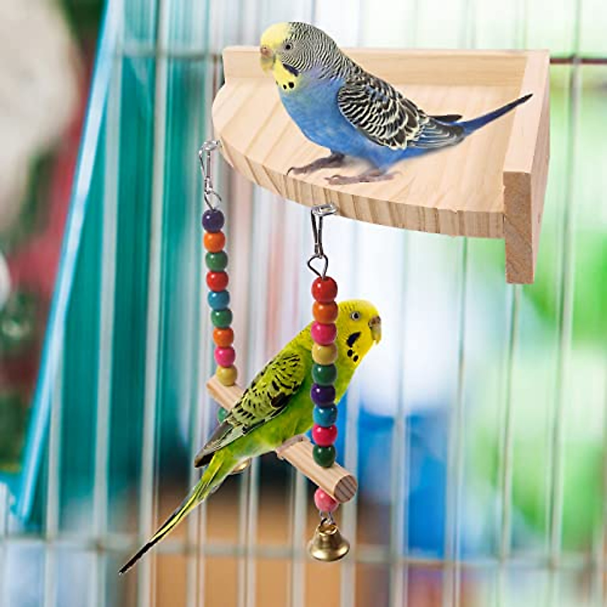 Lelepet Bird Wood Perch Platform Stand, Pet Bird Climbing Swing Toy, Parakeet Perches for Cage, Bird Corner Shelf, Wooden Flat Perch for Cockatiel Budgie Conure Parrot, Funny Bird Cage Perch with Bell
