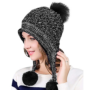 DOCILA Winter Knit Hats for Women Soft Faux Fur Pom Ear Flaps Beanie Warm Travel Ear Covers Peruvian Hat Fleece Liner Sherpa Skii Snow Camping Skully Cap (Black)