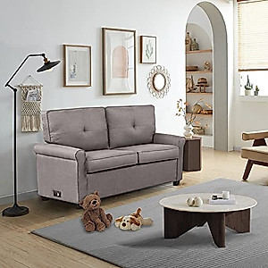 OUllUO Pull Out Sofa Bed Dual Plugs USB Ports, 2-in-1 Convertible Loveseat Sofa Couch Sleeper with Folding Mattress, Modern 2 Seat Small Sofa Couch for Living Room Apartment Guest Bedroom,Gray
