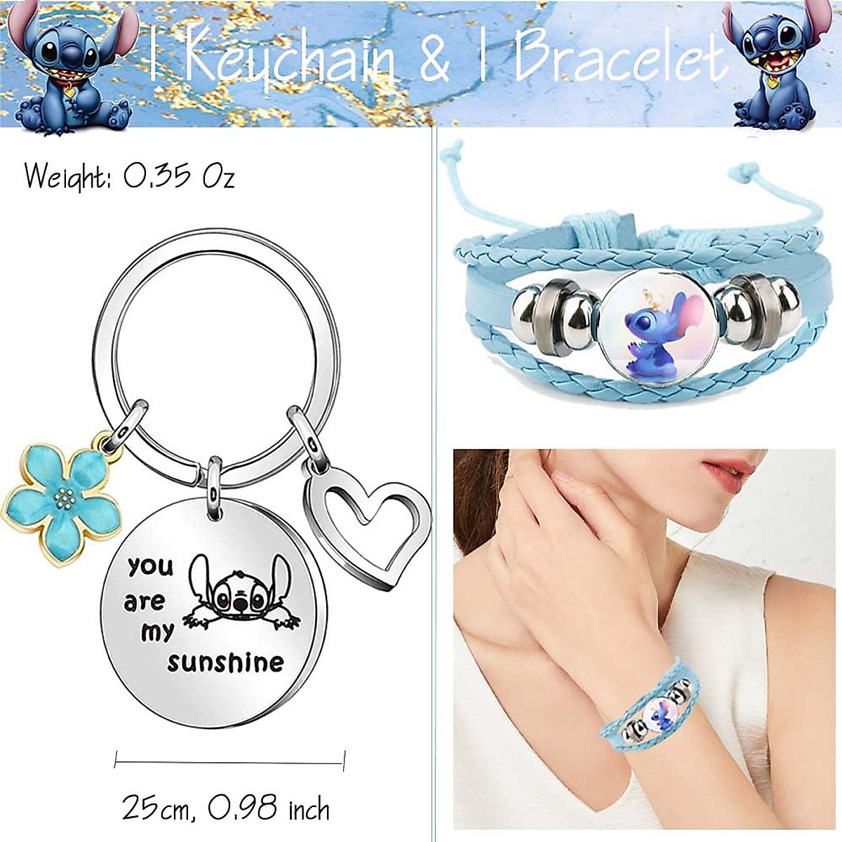 EMISOO Merchandise Stuff Gift Set, Stitch Anime Drawstring Bag, Keychain, Keychain Lanyard, Purse, Bracelets, Sticker, Button Pins (Black A)