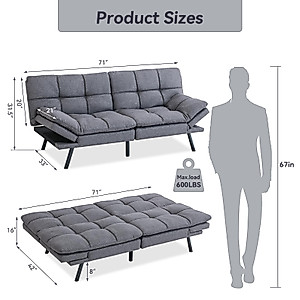 Hcore, Convertible Sleeper, Memory Foam Futon Couch,Loveseat Bed,Small Splitback Modern Sofa Sofabed, Grey