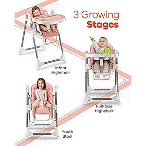 HEAO Adjustable 7 Height 5 Reclining Angle Foldable Baby High Chair with 360 Degree Rotating Wheels, 3 Footrest Positions, and Removable Tray, Pink