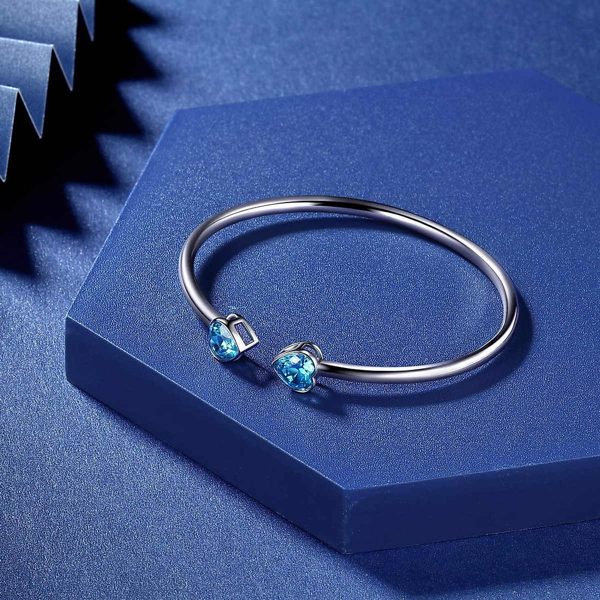 beautlace March Birthstone Adjustable Bracelets Silver Plated Birth Stone Open Double Heart Bracelets Birthday Gifts Jewelry for and Women KB0018M