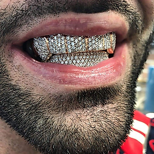 TOPGRILLZ Diamond Grills 18K Gold Plated Fully Iced Out CZ Vampire Top and Bottom Face Mouth Silver Grillz for Your Teeth Men Women with Extra Molding Bars