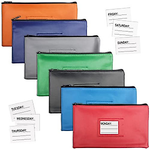 7 Pack, 7 days Zipper Security Bank Deposit Bag, Clear Window & 14 Insert Cards (Mon - Sun + Blank), by Better Office Products, Leatherette, 11.25" x 6.25", Cash Bag, Utility Pouch, Assorted 7 Colors